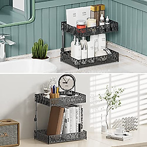 Iirios Under Sink Organizers and Storage, Height Adjustable 2-Tier Bathroom Cabinet Organizer, Metal Bathroom Sink Organizer with 4 Hooks, Multi-use Under Sink Storage for Bathroom Kitchen, 2 Pack