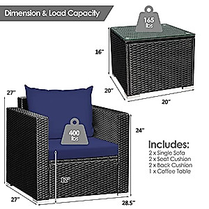 HAPPYGRILL 3-Piece Patio Furniture Set Rattan Wicker Patio Conversation Set with Coffee Table and Cushions Outdoor Sofa Set for Garden Balcony Porch Poolside