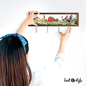 Knot and Style Rooster Decor Wall Art - Chicken Kitchen Decor (4 x Towel/Coat/Key Hooks) Made from Wood 3.5 x 16.9 & Wall Mounting Screws Country Kitchen Decor - Rooster Kitchen Decorations