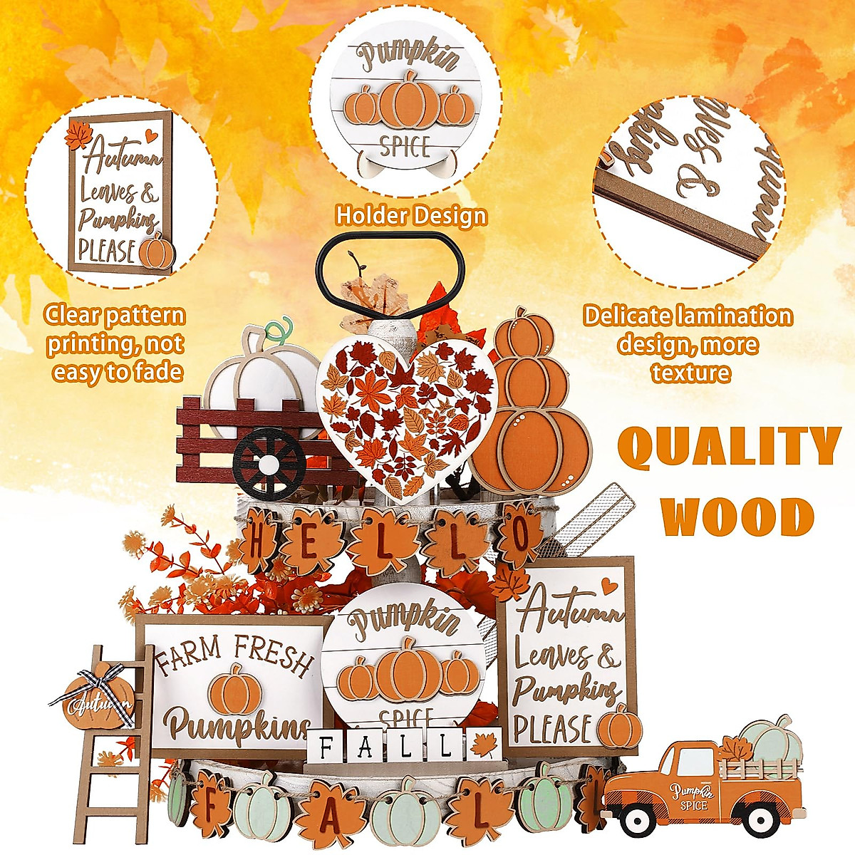 23-Piece Fall Tiered Tray Decoration Set - Thanksgiving Pumpkin Maple Leaf Truck Wooden Sign Rustic Farmhouse Tray Decoration Tabletop Sign Holiday