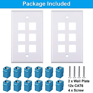 Weewooday 2 Pcs RJ45 Wall Plate 6 Port Ethernet Wall Plate Cover Cat6 Female to Female Jack Inline Coupler Ethernet Cable Faceplates for Cat5 Cat5e Cat6