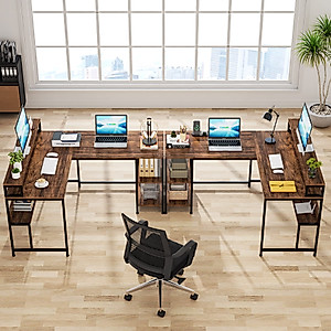 Tribesigns Reversible L Shaped Desk, L Shape Computer Table with Monitor Stand and Storage Shelves, Industrial Corner Desk with Printer Space, Work Desk for Home Office, Small Spaces