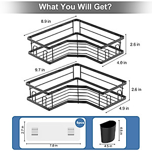Pioleackflew Corner Shower Caddy - No Drill Bathroom Shower Organizer Rustproof Shower Shelves Shower Caddy Adhesive with Toothbrush cups Shower Shelf for Inside Showerower Black (2 Pack)