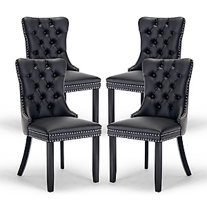 SoarFlash Leather Dining Chairs Set of 4, Tall Back Side Chair, Modern Upholstered Side Chair with Button Back Ring, Solid Wood Legs (Black&Grey)