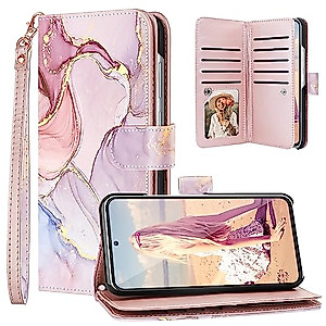 Fingic Samsung Galaxy A54 5G Case,Samsung A54 5G Wallet Case【9 Card Holder】 Rose Gold Marble PU Leather Detachable Wrist Strap Wallet Case for Women Girls Cover Case for Samsung Galaxy A54 5G,6.4Inch