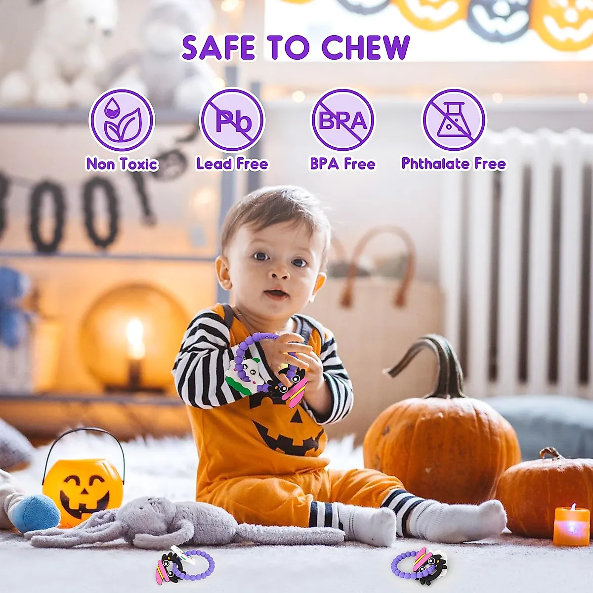 Halloween Cute Teething Ring, White Ghost & Pumpkin - Soft Silicone, Lovely Gifts 3-12 Months
