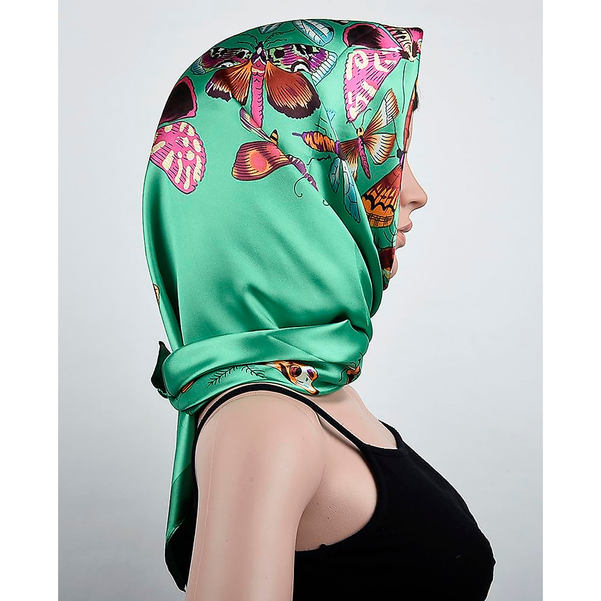 corciova 35 Silk Feeling Square Scarf Butterfly Dark Green Curly Headband Tie Sleeping at Night Fashion Bandana Headscarf