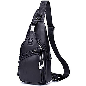 BULLCAPTAIN Cross body Bags for Men Leather Sling Bag Casual Daypacks Chest Bags Shoulder Bag Travel Hiking Backpacks (Black)