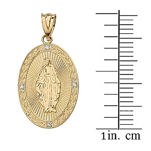 Religious Jewelry 10k Yellow Gold Blessed Virgin Mary Miraculous Oval Medal Diamond Necklace (1"), 20"