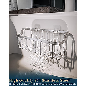 Consumest Sponge Holder for Kitchen Sink with Adhesive Hook & Suction Cups, Rustproof Stainless Steel Sink Caddy, Kitchen Sink Organizer for Sponge, Brush, Sink Stopper - Silver