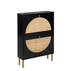 Natural Rattan Shoe Cabinet with 2 Flip Drawers, Black Free Standing Storage Racks with Metal Legs, Shoe Organizers Entrance Hallway for Heels, Boots, Slippers (Black)
