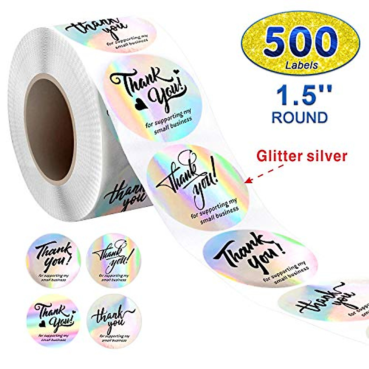 Padike 1.5" Thank You for Supporting My Small Business Stickers, 4 Designs, Highly Recommended for Small Business Owners and Online Sellers, 500 Labels Per Roll (Glitter Silver & Black, 1.5inch)