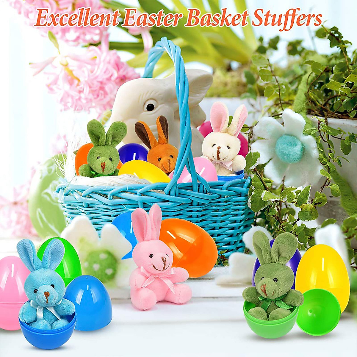 FLY2SKY 12 Packs Easter Egg Basket Stuffers Plush Bunny Plastic Easter Eggs Fillers Kids Party Favors Surprise Easter Eggs Hunt Games Supplies Birthday Gifts Toddler Girls Toys Goodies Bags