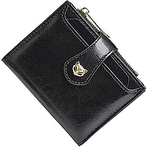 FOXLOVER Small Leather Wallets for Women Ladies RFID Blocking Bifold Zipper Pocket Wallets with ID Window (Black)