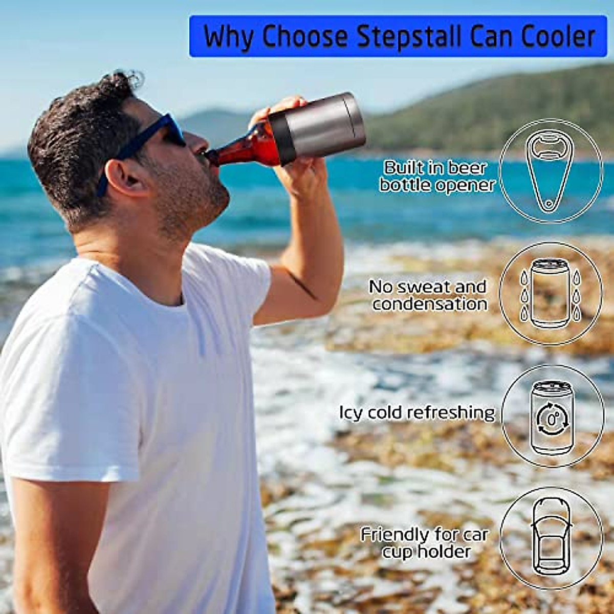 Stepstall Beer Bottle and Can Cooler with Beer Opener, 12 oz. Slim Can Beer Bottle Insulators Holder, Vacuum Insulated Double Walled Stainless Steel, Silver