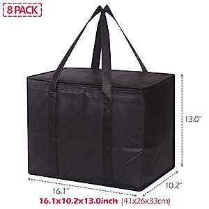 Set of 8 Large Insulated Reusable Grocery Bags with Sturdy Zipper and Handles, Foldable Washable Heavy Duty Cooler Totes for Hot or Cold Food Delivery, Groceries, Travel, Shopping