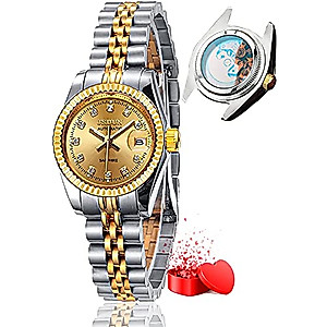 OLEVS Automatic Watches for Womens Ladies Gold and Silver Two Tone Stainless Steel Waterproof Date Wrist Watches Luxury Dress Classic Style