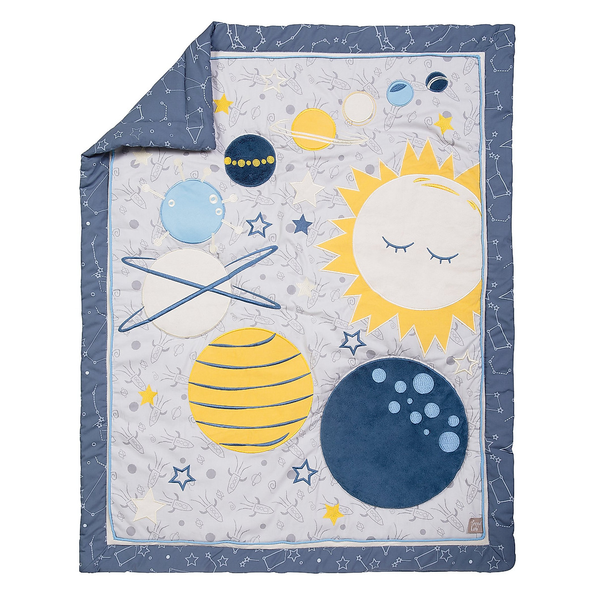 Trend Lab Galaxy 3 Piece Crib Bedding Set, Can Be Used As A Blanket Or A Playmat for Tummy Time, Includes Quilt, Fitted Crib Sheet and Skirt