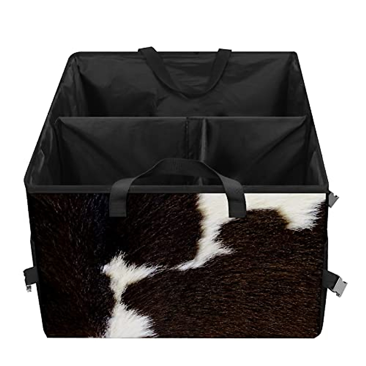 GACTIVITY Black And White Cowhide Car Trunk Organizer,Collapsible Cargo Storage Tote Bag,Non Slip,3 Divider Compartments, Automotive Interior Accessories for Auto SUV Truck Vehicle Picnic Camping