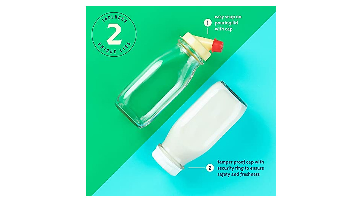 Kitchentoolz 12 Oz Square Glass Milk Bottle with Tamper-Proof Lid