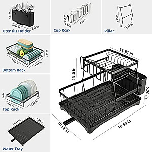 Xdsirone Dish Drying Rack, Dish Rack for Kitchen Counter, 2-Tier Dish Drainer with Glass Holder and Utensil Holder, Stainless Steel Dish Drying Rack with Drainboard. (Black)