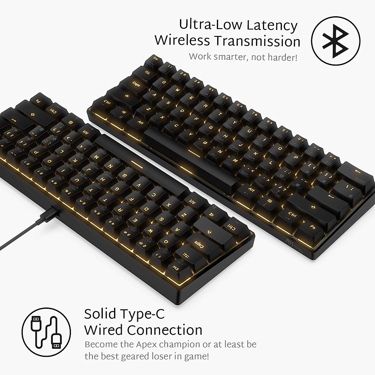 RK ROYAL KLUDGE RK61 Wireless 60% Mechanical Gaming Keyboard, Ultra-Compact Bluetooth Keyboard with Tactile Blue Switches, Compatible for Multi-Device Connection, Black
