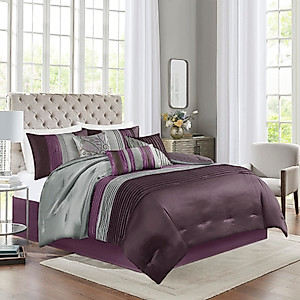 Madison Park Amherst Faux Silk Comforter Set-Casual Contemporary Design All Season Down Alternative Bedding, Matching Shams, Bedskirt, Decorative Pillows, King(104"x92"), Purple, 7 Piece (MP10-127)