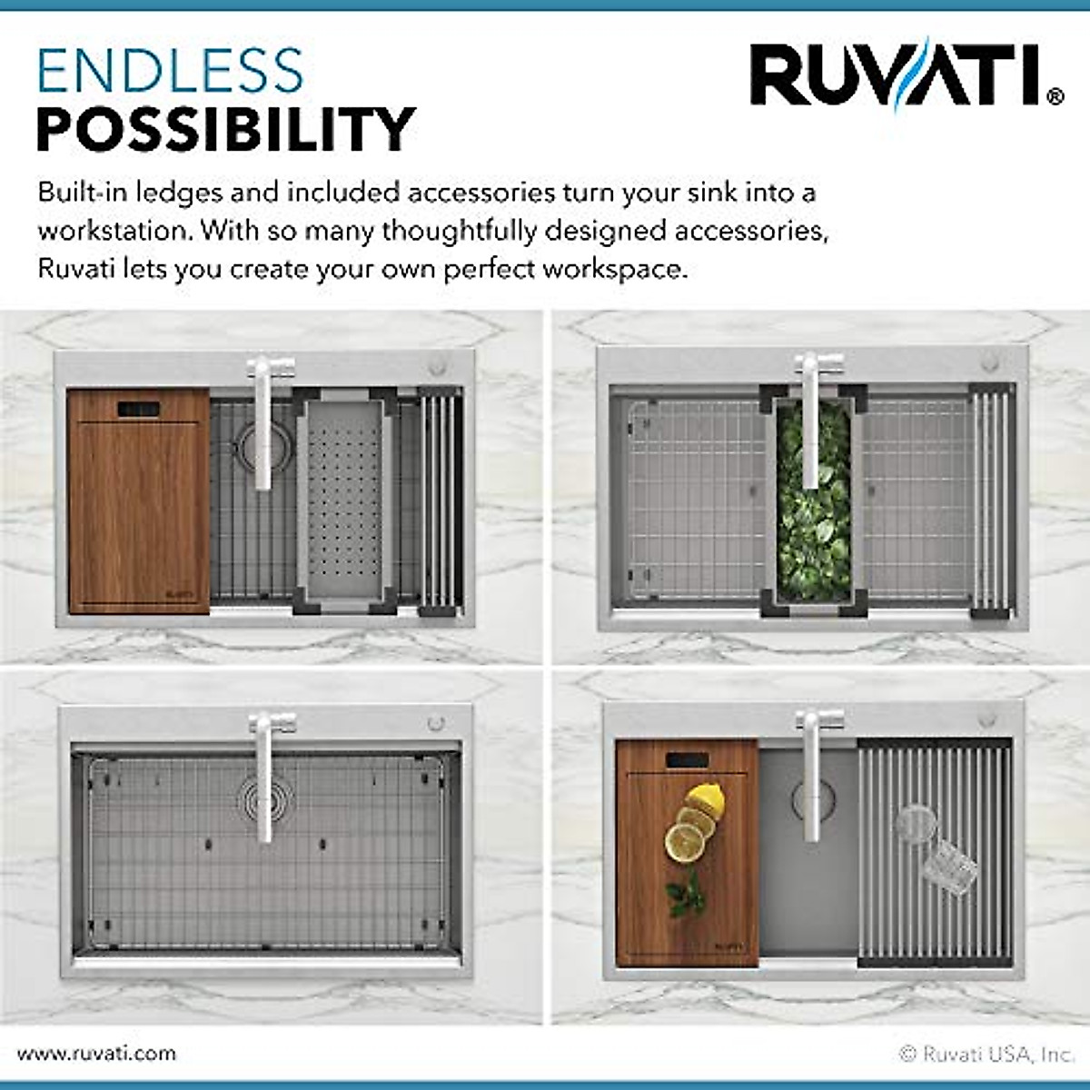 Ruvati 33 x 22 inch Workstation Drop-in 60/40 Double Bowl Topmount Tight Radius 16 Gauge Stainless Steel Ledge Kitchen Sink - RVH8035