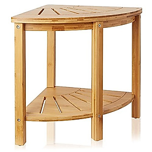 Casafield Bamboo Corner Bench with Storage Shelf, 2-Tier Wooden Bathroom Shower Stool for Indoor or Outdoor Use