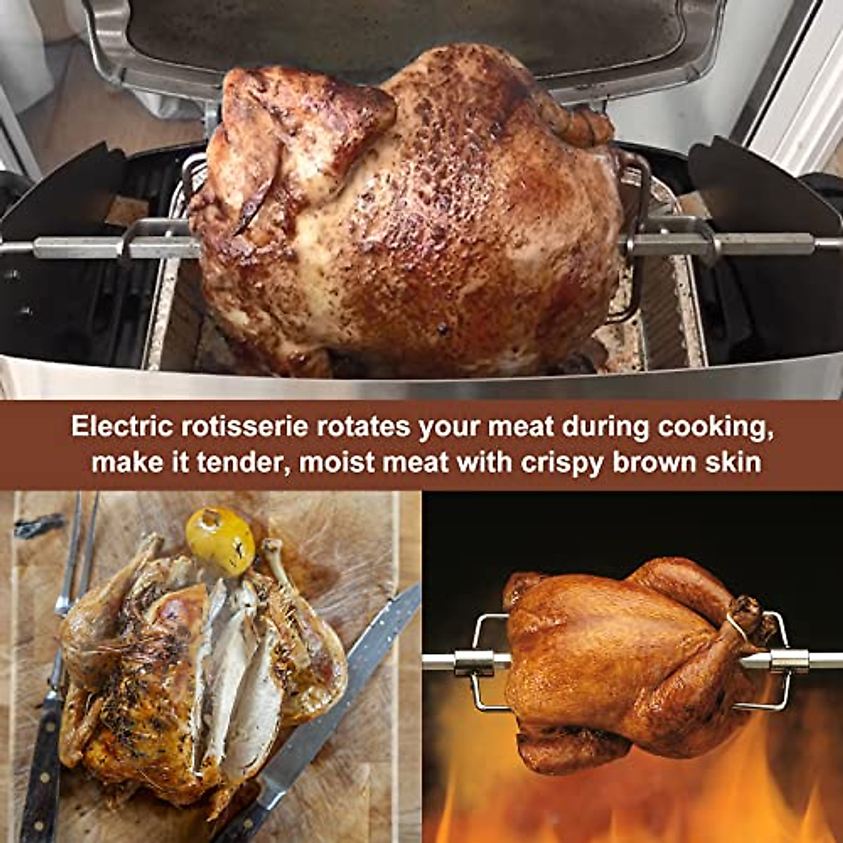 QuliMetal SUS304 Rotisserie Grill Kit Rotating Skewer Rotisserie Electric BBQ Grill Roaster Rotisserie Motor Kit Chicken Rotisserie Replace Weber Q Rotisserie Fits Weber Q200,Q220,Q2000,Q2200,2400