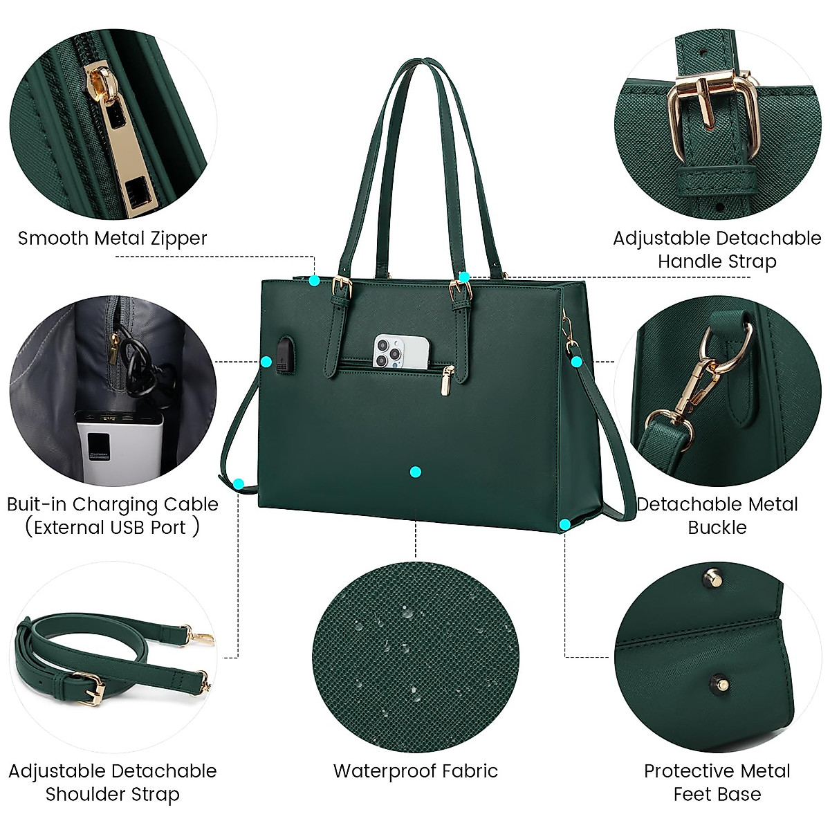 LOVEVOOK Laptop Bag for Women, Fashion Computer Tote Bag Large Capacity Handbag, Leather Shoulder Bag Purse Set, Professional Business Work Briefcase for Office Lady, 2PCs, 15.6-Inch, Deepgreen