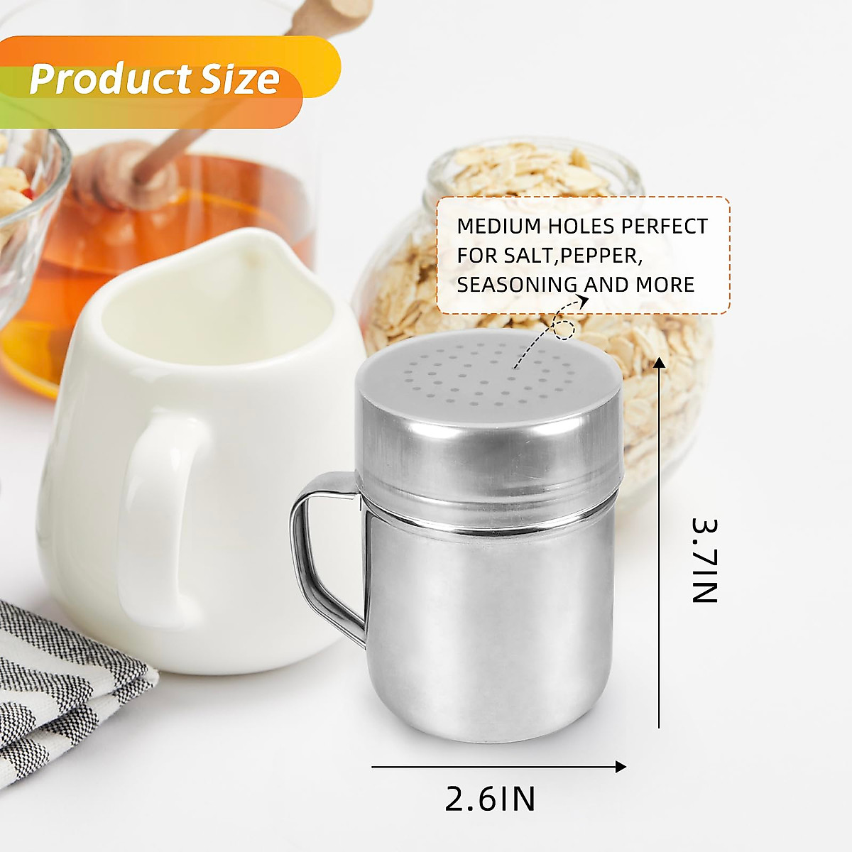 GEMLORD 2 Pieces 13.5 OZ Stainless Steel Salt and Pepper Dredge Shakers with Lid and Handle, Seasoning Pepper Shaker Spice Condiment Shakers for Powder Candy Cooking Kitchen Baking