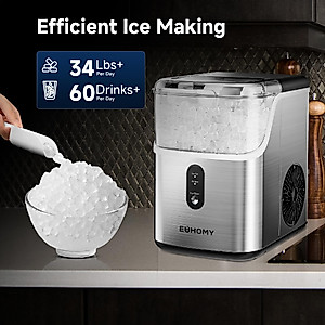 EUHOMY Nugget Ice Makers Countertop, Pebble Ice Maker Machine with 34lbs/24H Soft Ice, Self-Cleaning Sonic Ice Maker with Ice Scoop&Basket, Pellet Ice Maker for Home/Kitchen/Office(Stainless Steels)