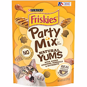 Purina Friskies Natural Cat Treats, Party Mix Natural Yums With Real Chicken & Vitamins, Minerals & Nutrients - (Pack of 6) 6 oz. Pouches