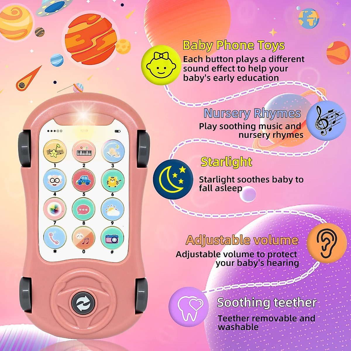 Lukax Baby Phone Toys for 1 2 3 Years Old Girl, Musical Car Toys with Star Projector, Toy Phone Baby Toys 18 Months+, Early Education Learning Toys Gift for Boys Toddlers Kids (Pink)