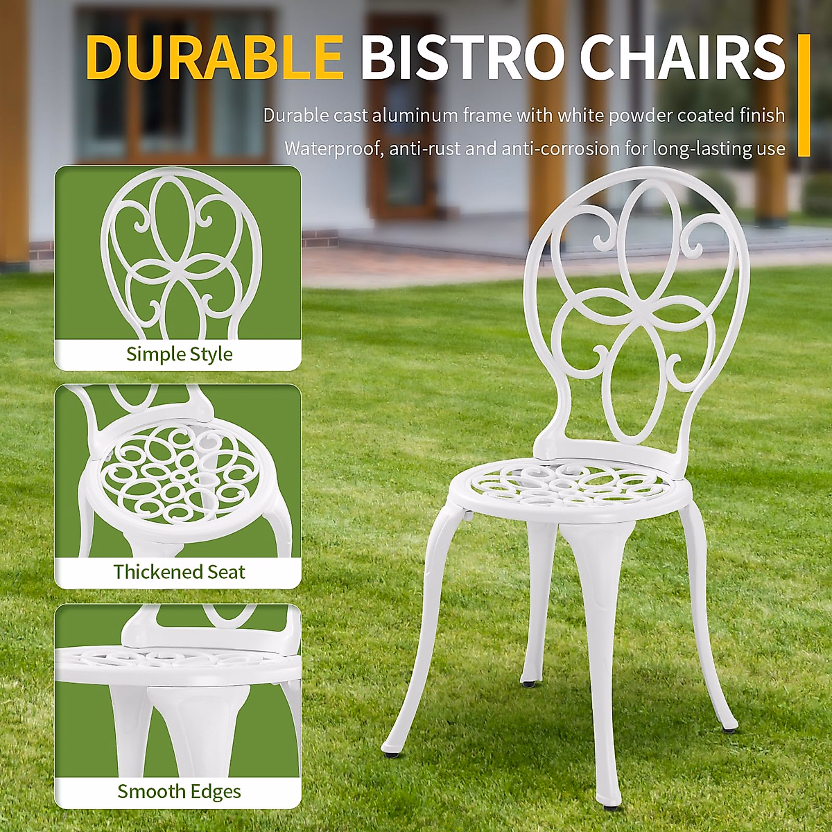 Withniture Outdoor Patio Bistro Set 3 Piece All Weather Bistro Table and Chairs Set of 2 with Umbrella Hole,Cast Aluminum Outdoor White Bistro Set, Patio Furniture Set for Garden,White