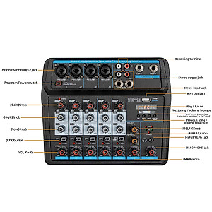 Depusheng U6 Audio Mixer 6-channel USB Audio Interface Mixer, DJ Sound Controller Interface with USB,Soundcard for PC Recording,Built-in 48V Phantom Power for Home Music Production,Live Streaming