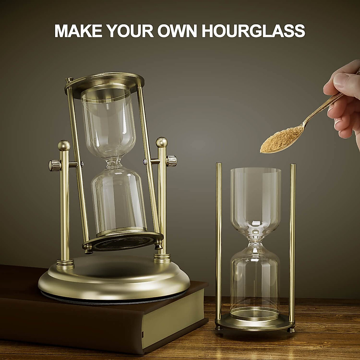 SuLiao Empty Hourglass Fillable, Brass 360° Rotating DIY Sand Timer, Unity Sand Hourglass for Wedding Ceremony Set, Large Antique Without Sand Clock Sandglass for Desk Home Office Decorative