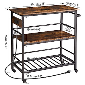 IBUYKE Kitchen Island with 3 Shelves, Island Table for Kitchen with Power Outlet,Kitchen Cart with Large Worktop,Rolling Bar Cart for Home, Outdoor, Kitchen, Living Room TMJ024H