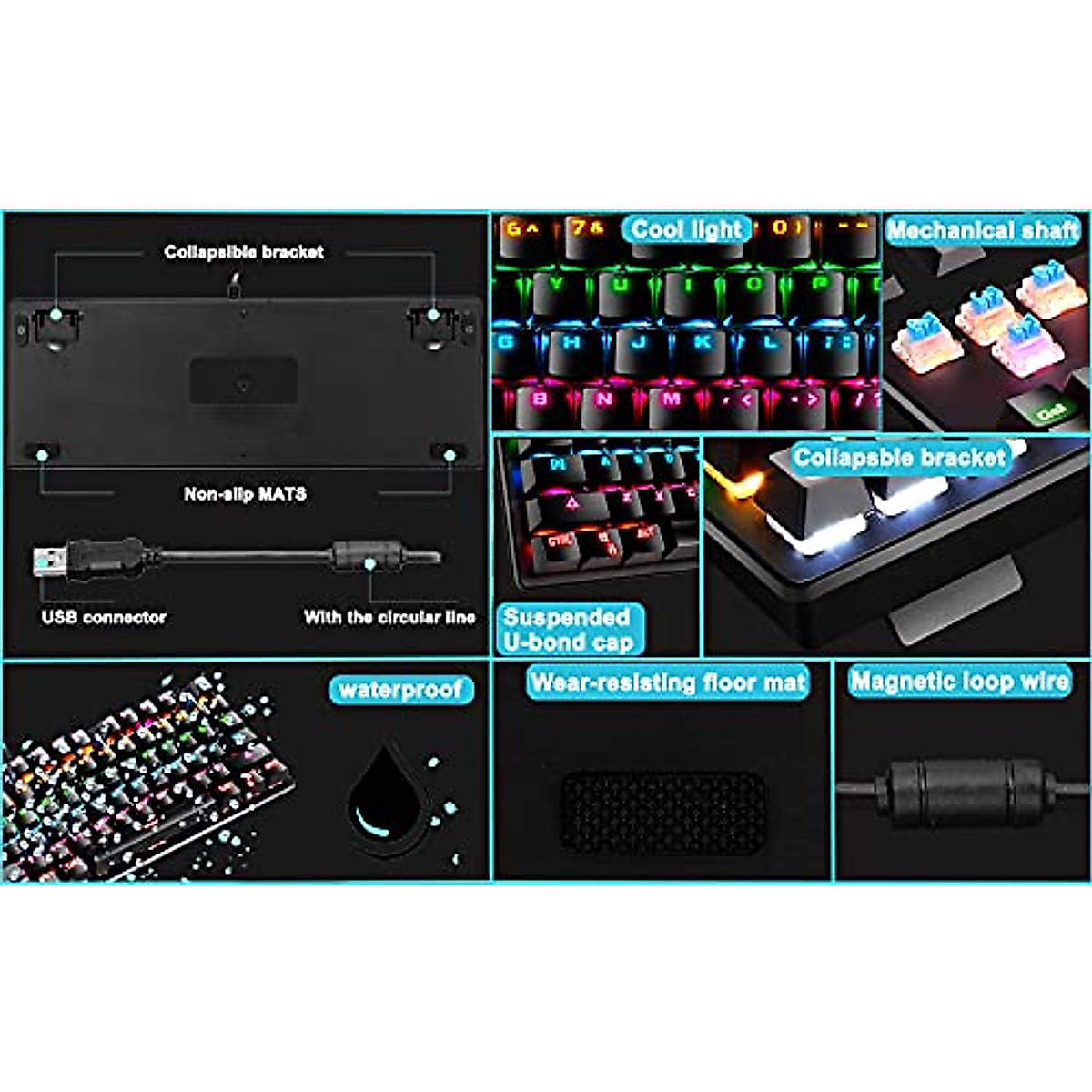 Wired Gaming Keyboard and Sets 87 Keys Rainbow Backlit Mechanical Keyboard ,RGB Backlit 6400 DPI Lightweight Gaming Mouse, Mouse Pad (Black)