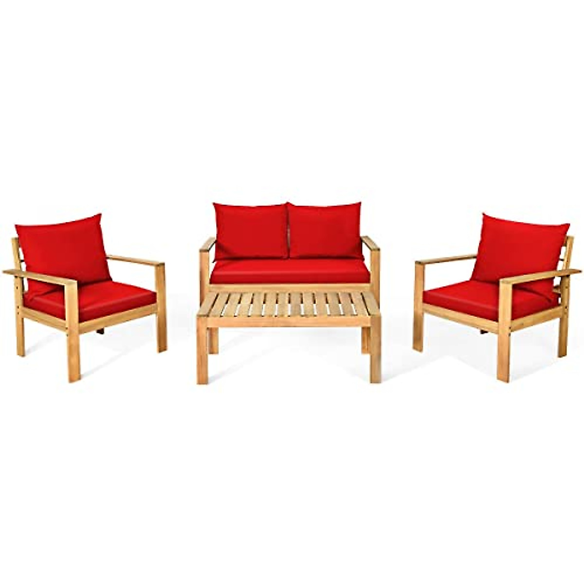 LUKEO 4PCS Patio Furniture Set Acacia Wood Thick Cushion Loveseat Sofa Red Spend Time with Your Family On The 4-8 Persons Set