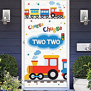 Steam Train Chugga Chugga Two Banner Backdrop Flag Favors Supplies Railroad Railway Crossing Vehicle Transportation Rhyming Story Theme Decor for 2 Year Old 2nd Birthday Party Baby Shower Decorations