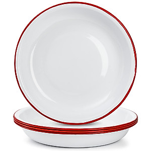 Lawei Set of 4 Enamel Dinner Plates, 10 Inch Round Enameled Camping Plate with Red Rim, Retro Salad Pasta Bowls Enamel Deep Dinner Serving Platter for Dinner, Outdoor, Picnic, BBQ, Butter