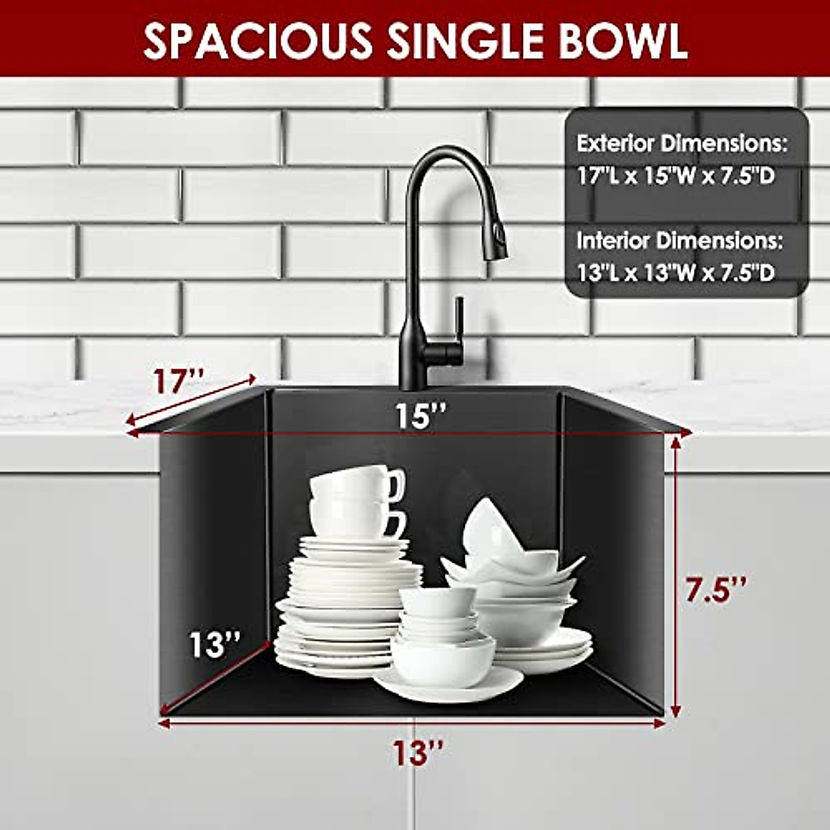 BURCHAIN 17 x 15 Inch Drop in Kitchen Sink Top mount Bar Sink 16 Gauge Stainless Steel Single Bowl Workstation with Sink Protector (Black)