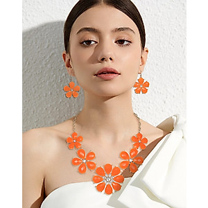 Firstmeet Shiny Flower Statement Collar Necklace with Earrings(XL-1104-Orange A)