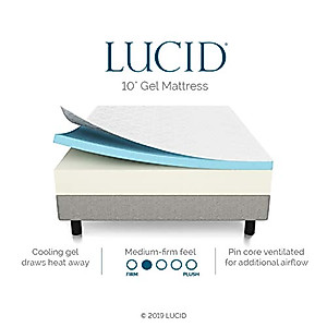 LUCID 10 Inch 2019 Gel Memory Foam Mattress - Medium Firm Feel - CertiPUR-US Certified, Queen