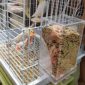 Hamiledyi No Mess Bird Cage Feeder Automatic Parrot Seed Feeders with Perch Acrylic Transparent Seed Food Container Cage Accessories for Small and Medium Parakeets Lovebirds