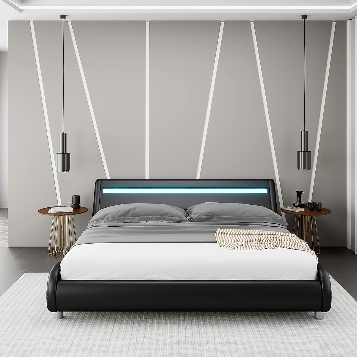 Keyluv Upholstered Full LED Bed Frame with Headboard, Modern Low Profile Platform Bed with Strong Slats Support, Faux Leather Wave-Like Bed Frame, Easy Assembly, No Box Spring Needed, Black