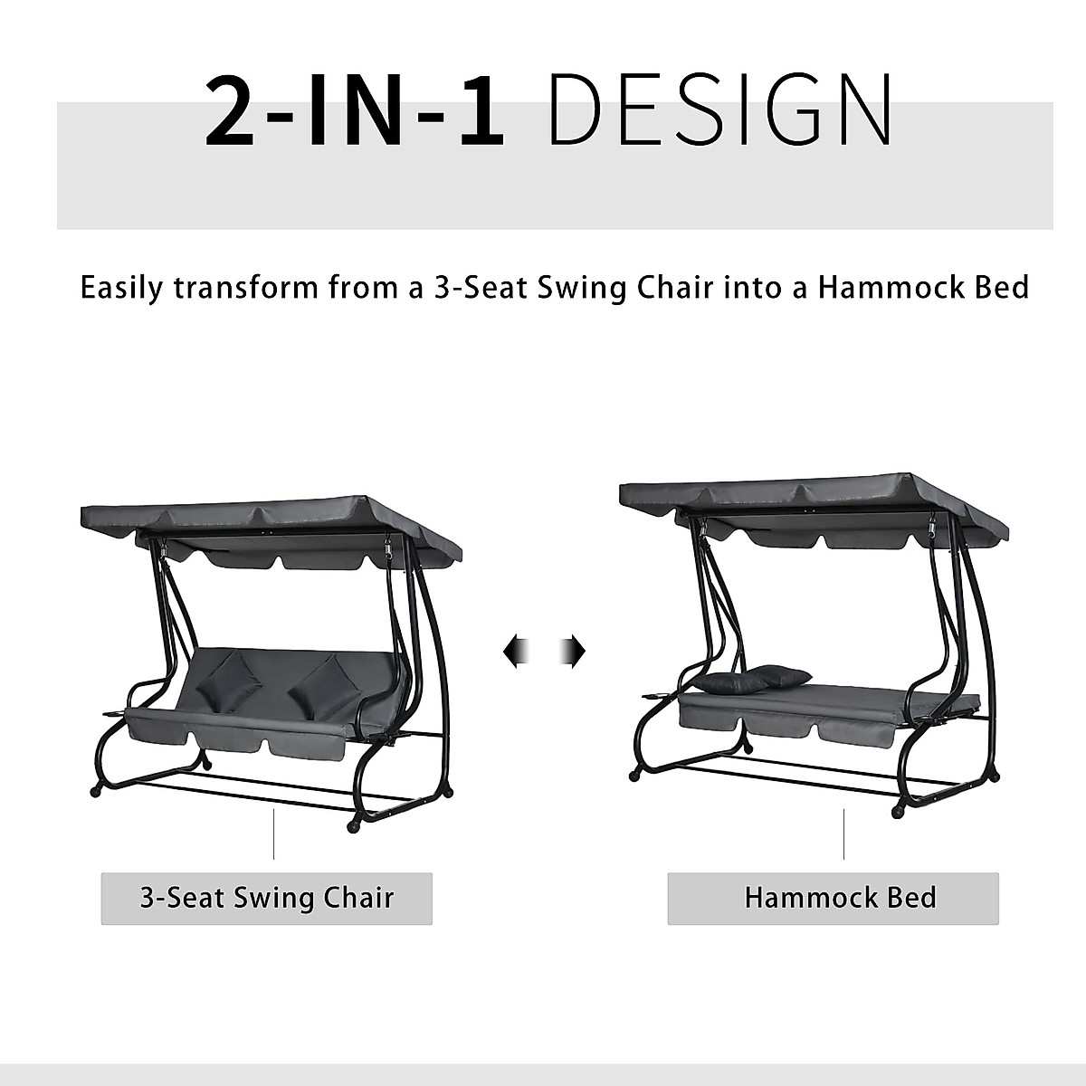 Outsunny 3-Seat Outdoor Patio Swing Chair, Converting Flatbed, Outdoor Swing Glider with Adjustable Canopy, Removable Cushion and Pillows, for Porch, Garden, Poolside, Backyard, Gray