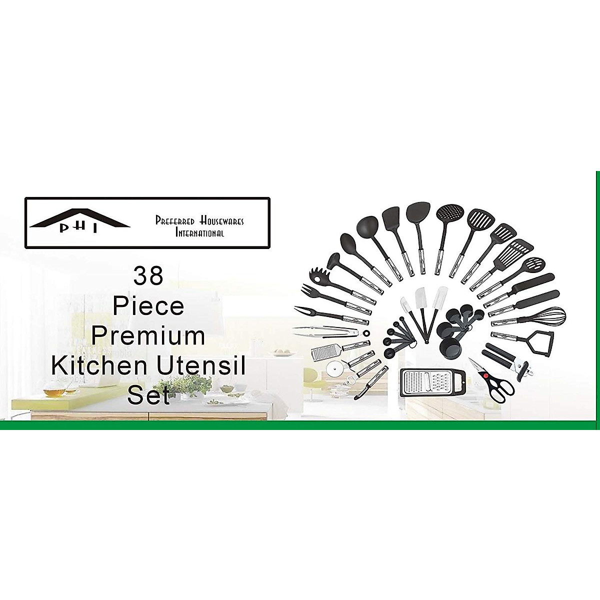 38-piece Kitchen Utensils Set Home Cooking Tools Gadgets Turners Tongs Spatulas Pizza Cutter Whisk Bottle Opener, Graters Peeler, Can Opener, Measuring Cups Spoons (Black)